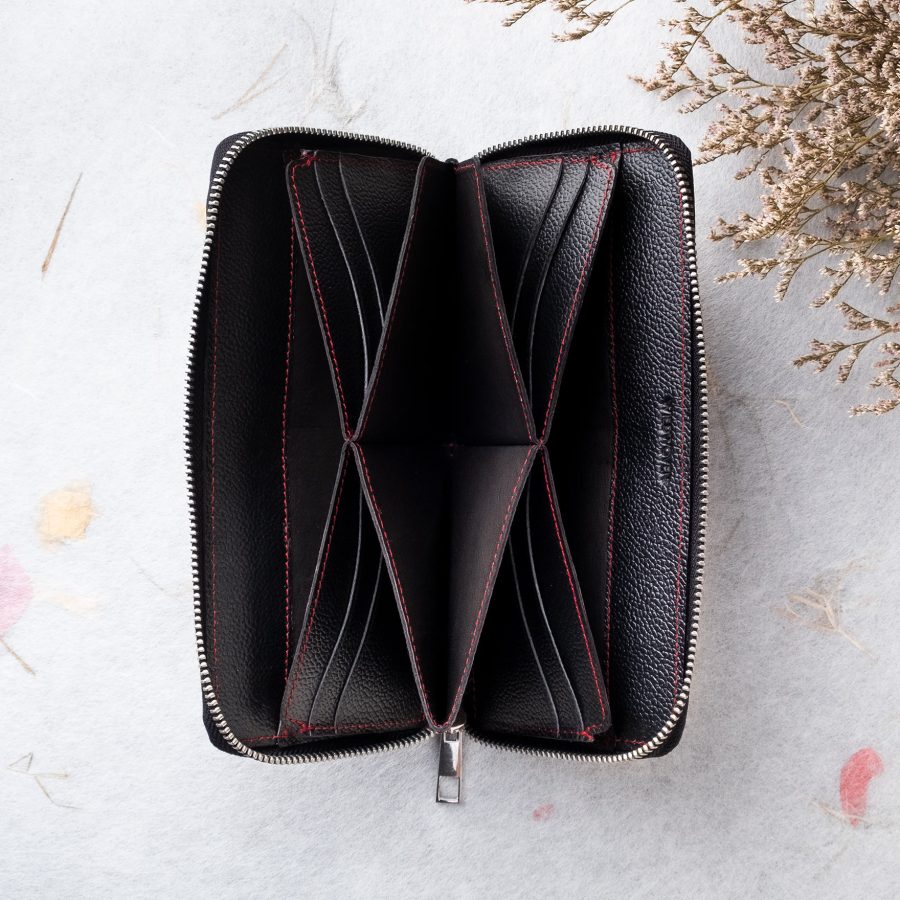 Saito Zipper Long Wallet - Ink Black - WildWoven Leather Products